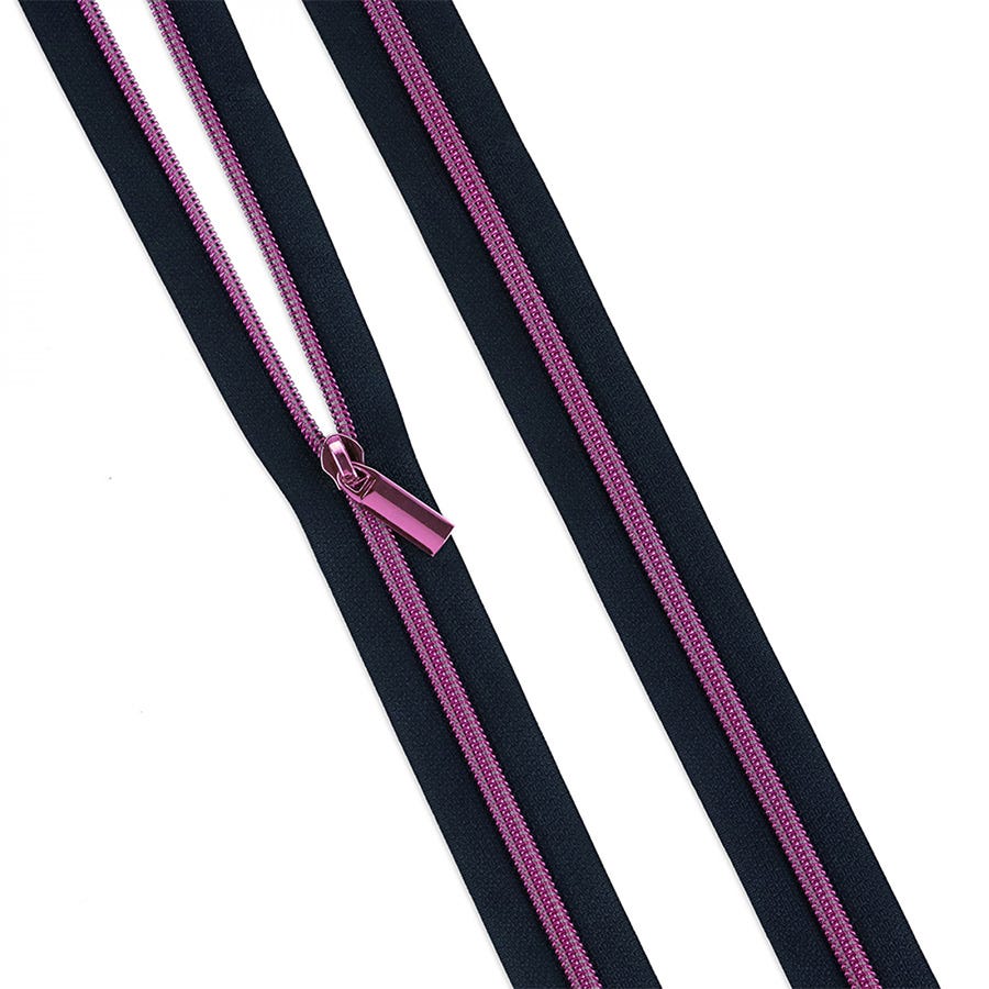 Tula Pink Navy & Pink #5 Nylon Coil Zipper 3 Yard Tape with 9 Zipper P ...