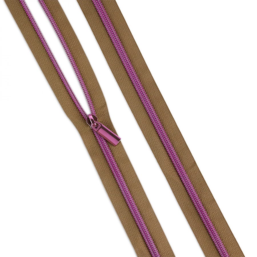 Tula Pink Natural & Pink #5 Nylon Coil Zipper 3 Yard Tape with 9 Zippe ...